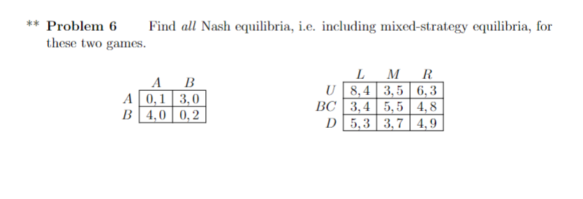 Solved ** Problem 6 Find all Nash equilibria, i.e. including | Chegg.com