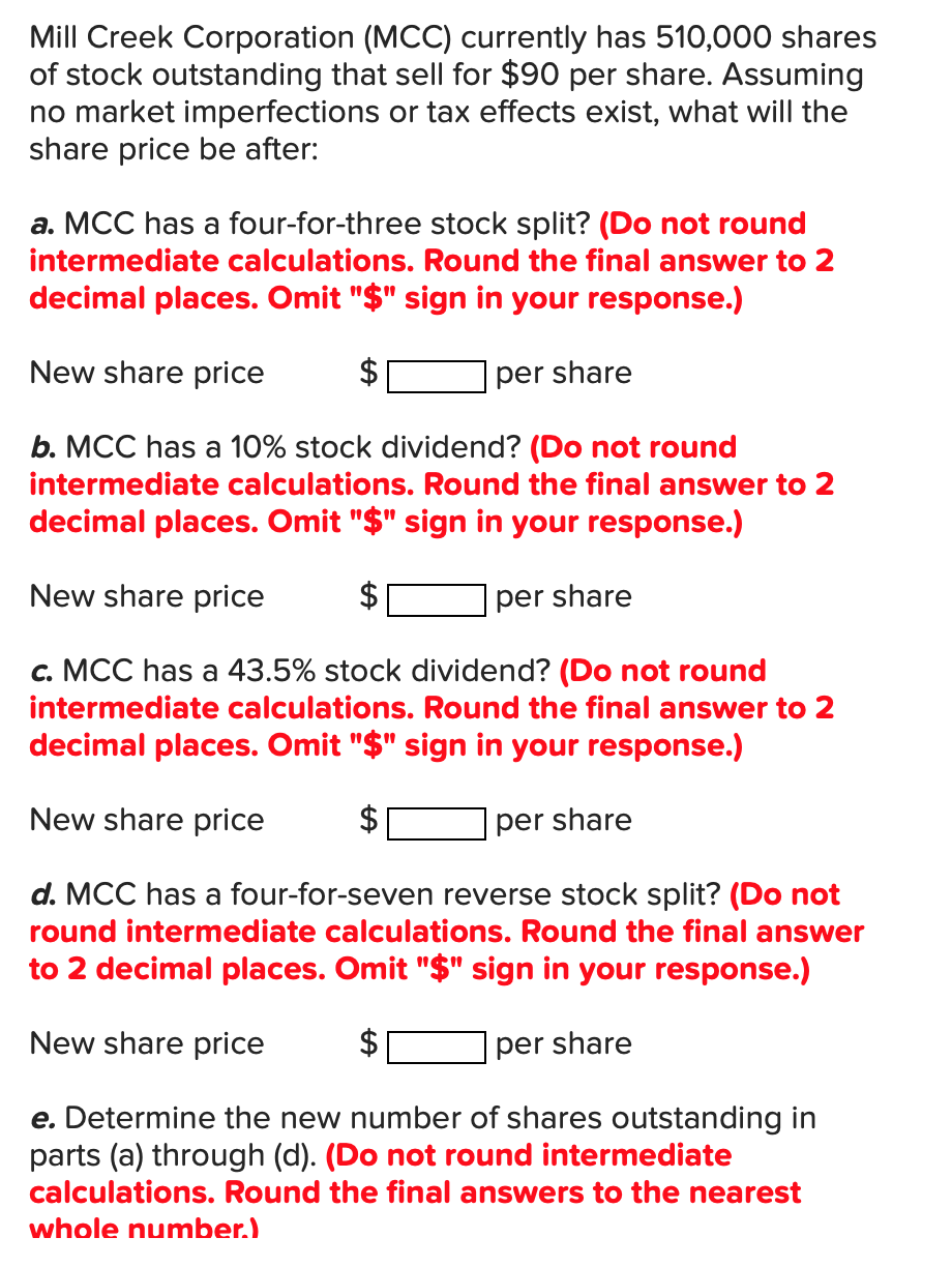 Solved Mill Creek Corporation (MCC) currently has 510,000 | Chegg.com
