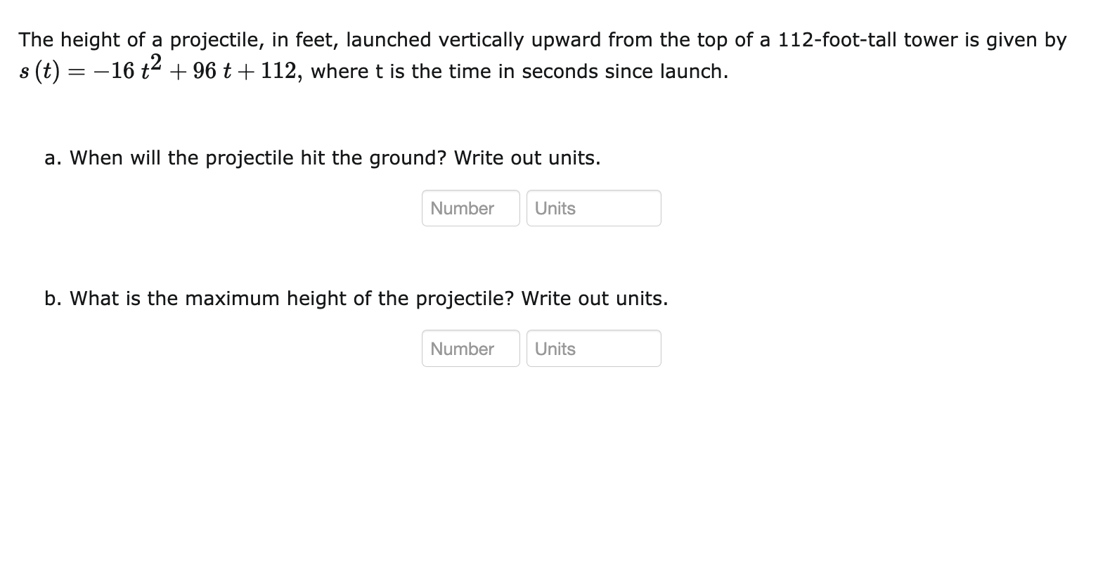 Solved The height of a projectile, in feet, launched | Chegg.com