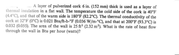 Solved A layer of pulverized cork 6 in. (152 mm) thick is | Chegg.com