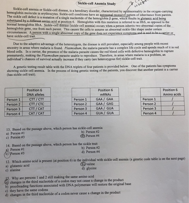Solved Sickle-cell Anemia Study Sickle-cell anemia or | Chegg.com