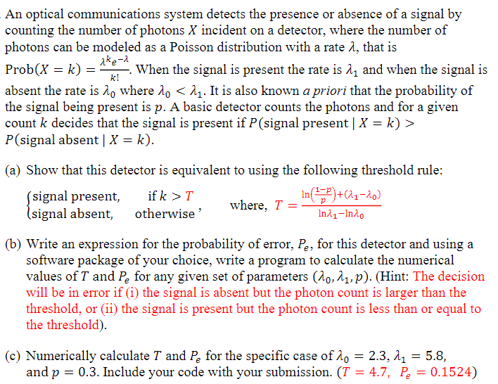 Solved An optical communications system detects the presence | Chegg.com