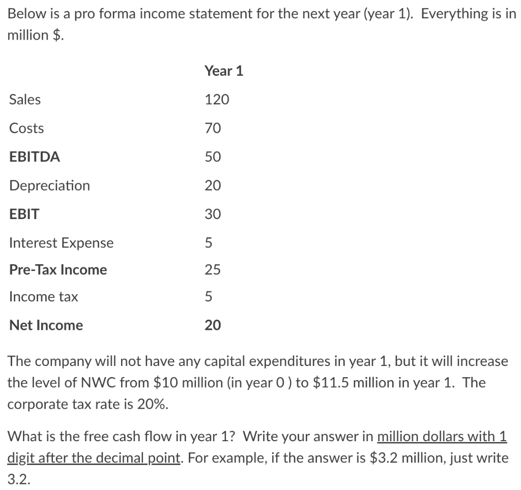 Solved Below is a pro forma income statement for the next | Chegg.com