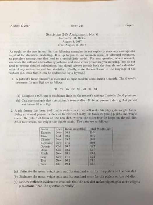 Solved August 4, 2017 STAT 245 Page 1 Statistics 245 | Chegg.com