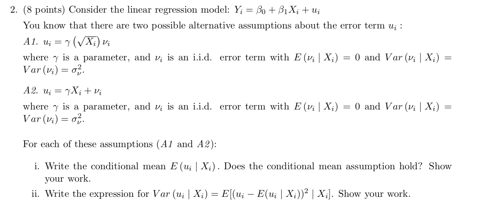 Solved 2. (8 points) Consider the linear regression model: | Chegg.com