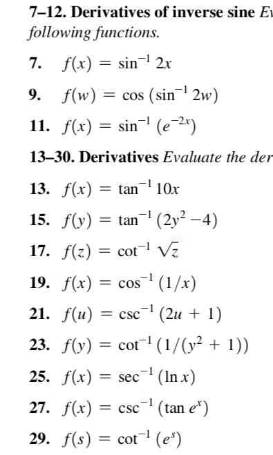 Solved 7-12. Derivatives of inverse sine E following | Chegg.com
