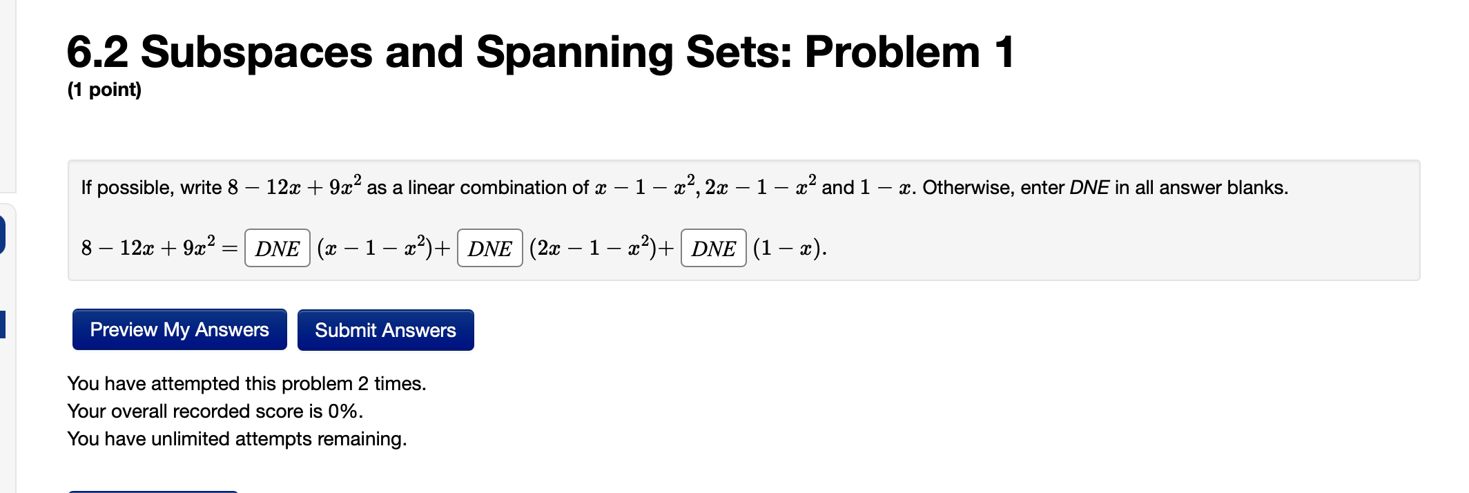 Solved 6.2 Subspaces and Spanning Sets: Problem 1 (1 point) | Chegg.com