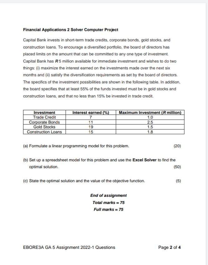 Solved Financial Applications 2 Solver Computer Project | Chegg.com
