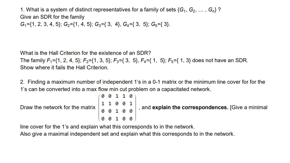 Solved 1. What is a system of distinct representatives for a | Chegg.com