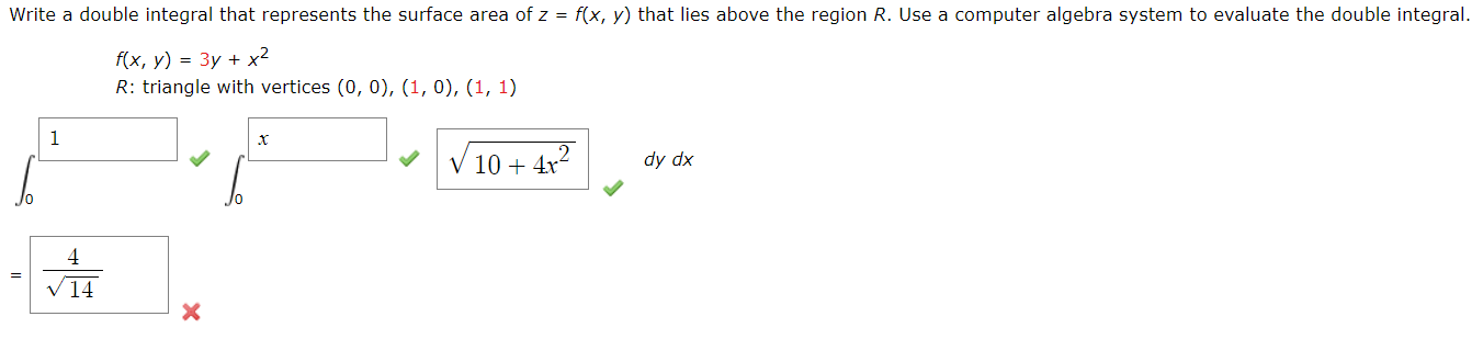 Solved Write a double integral that represents the surface | Chegg.com