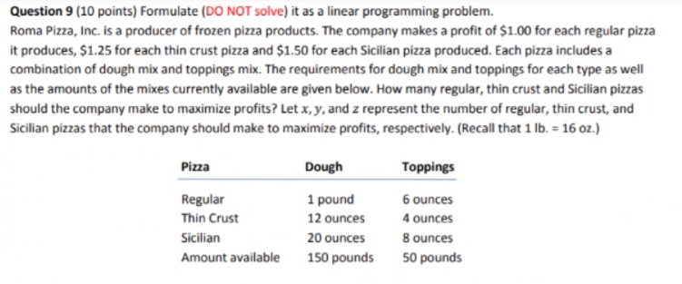 Solved Question 9 (10 points) Formulate (DO NOT solve) it as | Chegg.com