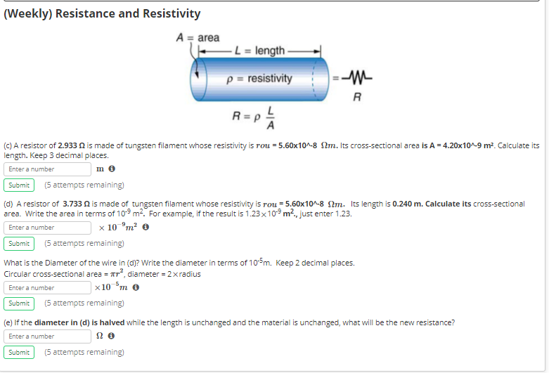Solved (Weekly) Resistance and Resistivity A = area -L = | Chegg.com