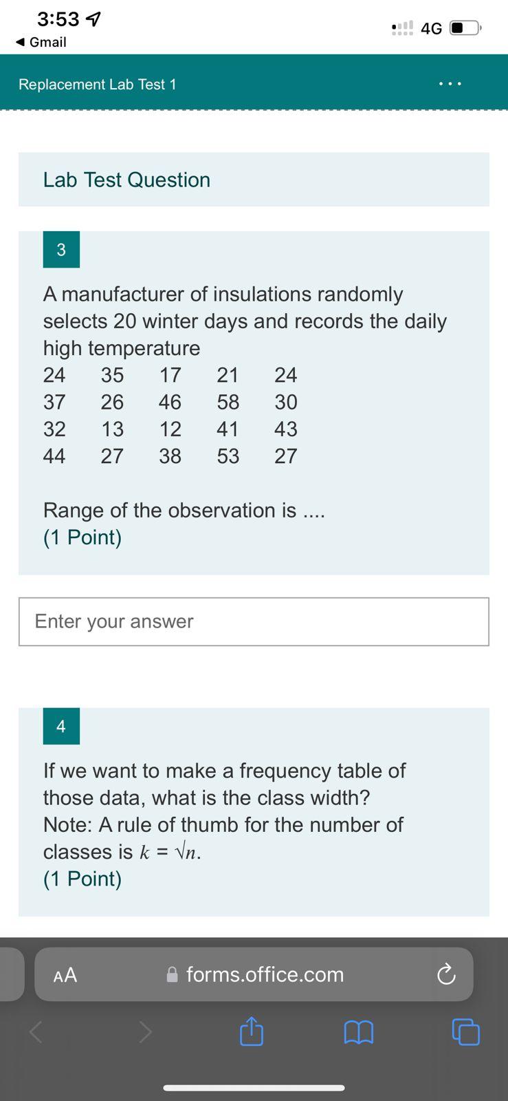 Solved 3:53 1 Gmail 11 4G Replacement Lab Test 1 Lab Test | Chegg.com
