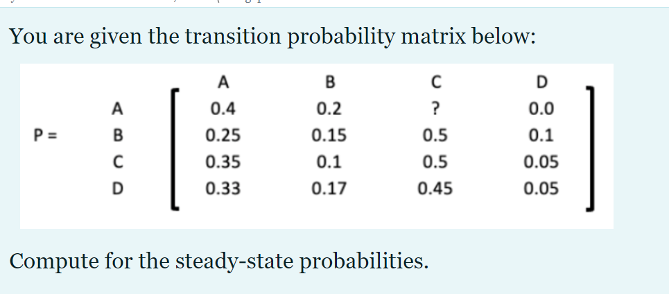Solved You are given the transition probability matrix | Chegg.com