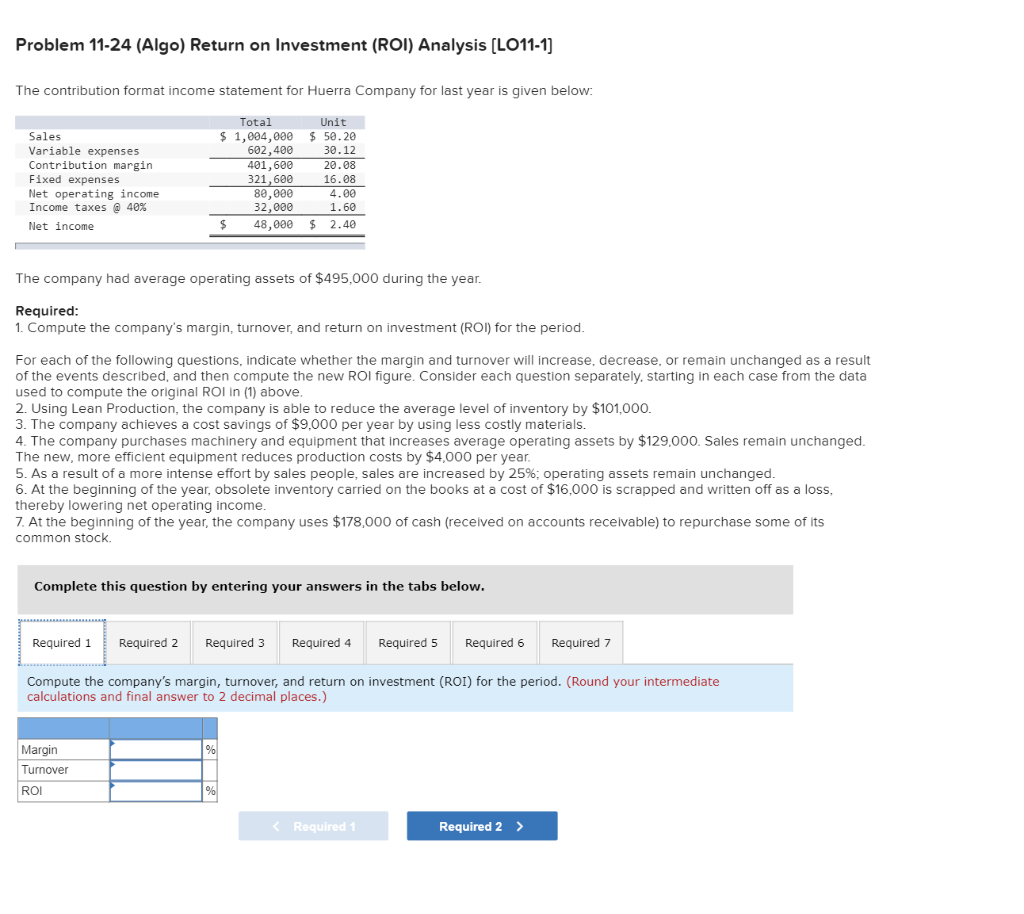 Solved Problem 11-24 (Algo) Return on Investment (ROI) | Chegg.com