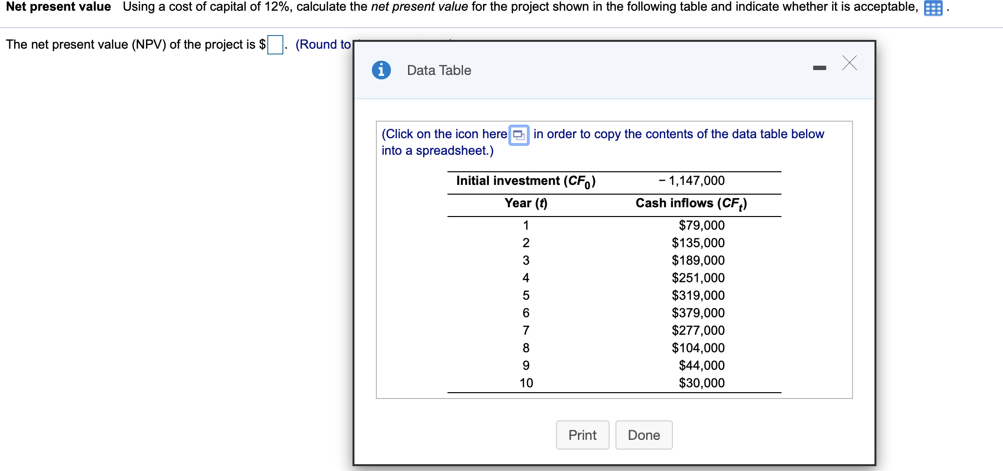 Solved Net present value Using a cost of capital of 12%, | Chegg.com