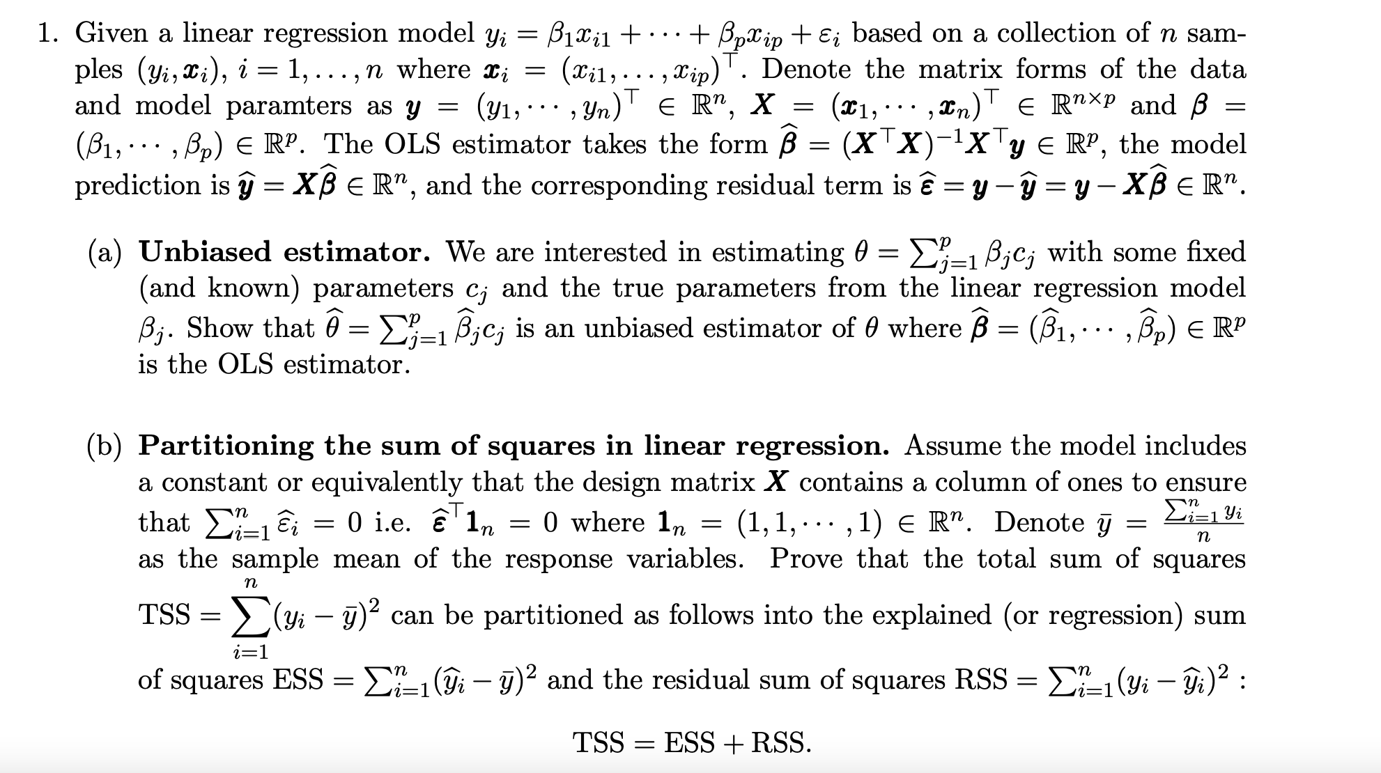 Solved Given a linear regression model yi=β1xi1+⋯+βpxip+εi | Chegg.com