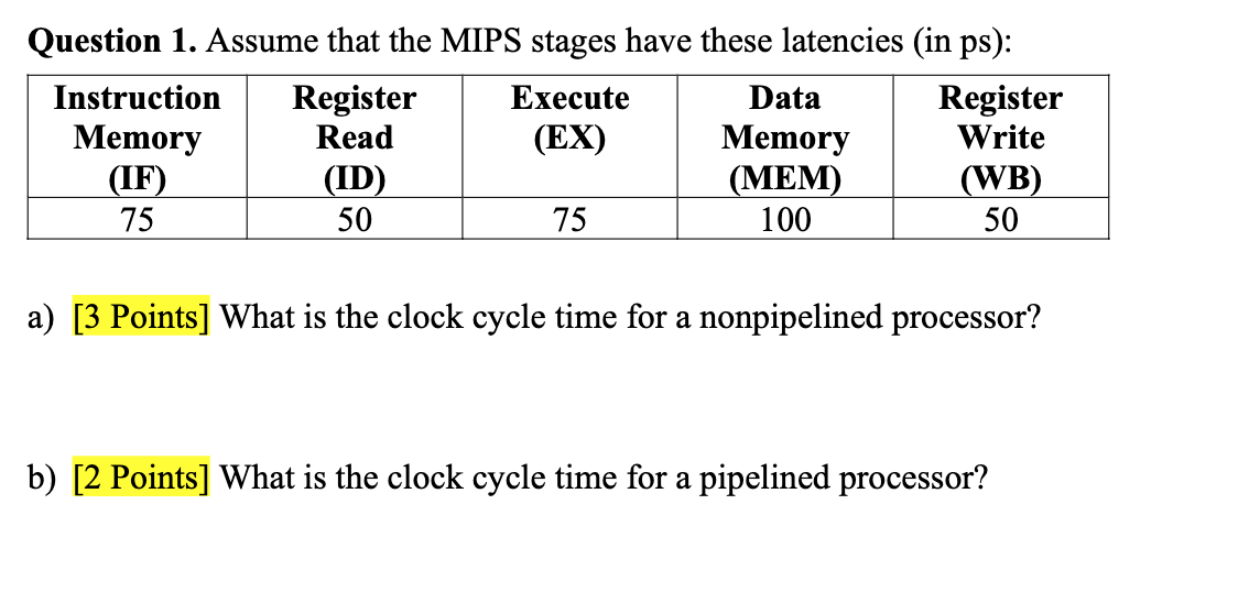 Solved Question 1. Assume that the MIPS stages have these | Chegg.com
