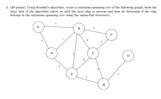 Solved 5. (20 points) Using Kruskal's algorithm, create a | Chegg.com