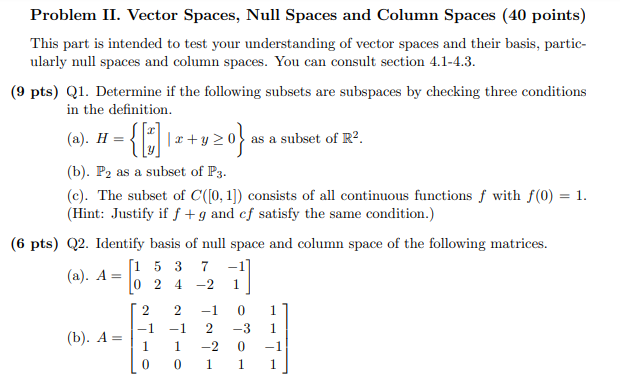 Solved Problem Ii Vector Spaces Null Spaces And Column 7842