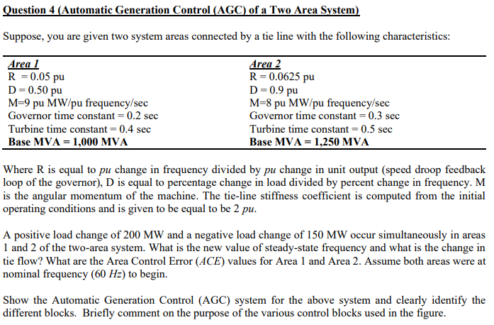 Solved Question 4 (Automatic Generation Control (AGC) of a | Chegg.com