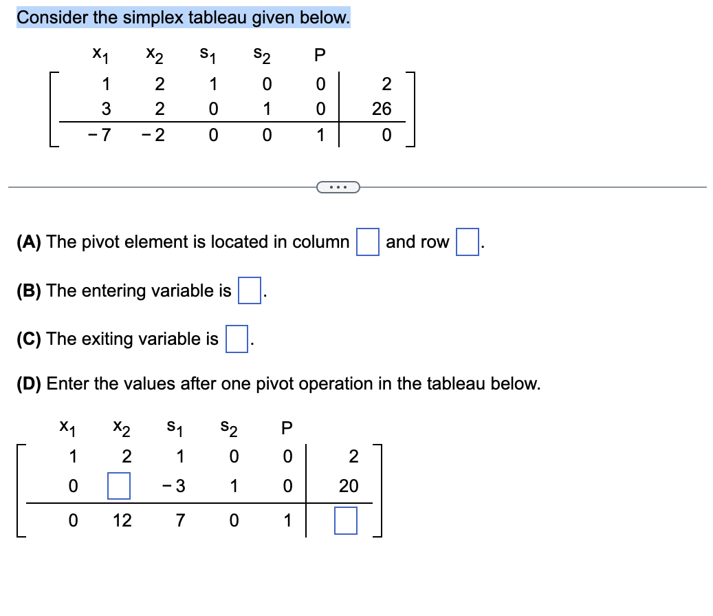 Solved Consider the simplex tableau given | Chegg.com
