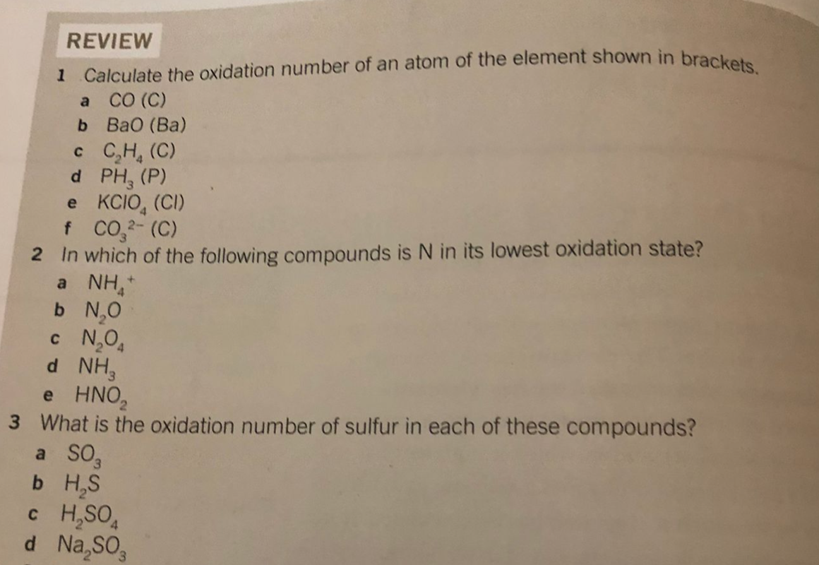 Solved REVIEW 1 Calculate the oxidation number of an atom of | Chegg.com