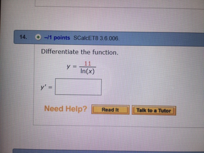 Solved 14. -1 points SCalcET8 3.6.006. Differentiate the | Chegg.com