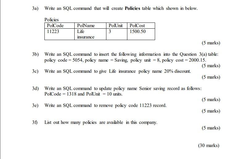 Solved 3a) Write an SQL command that will create Policies | Chegg.com