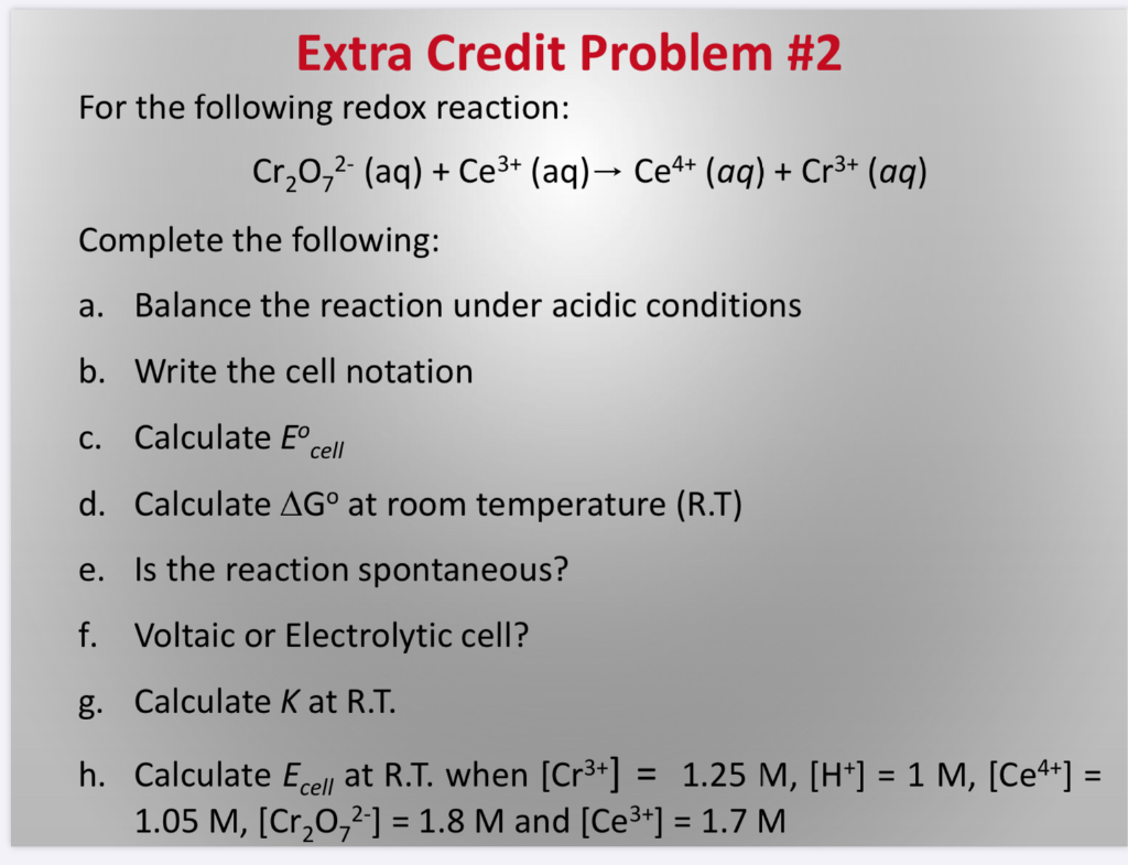 Solved Extra Credit Problem #2: Cr2O^2-7 (aq) + Ce^3+(aq) | Chegg.com