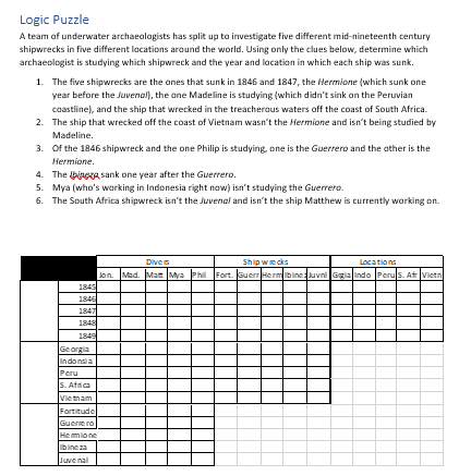Solved Logic Puzzle A team of underwater archaeologists has | Chegg.com