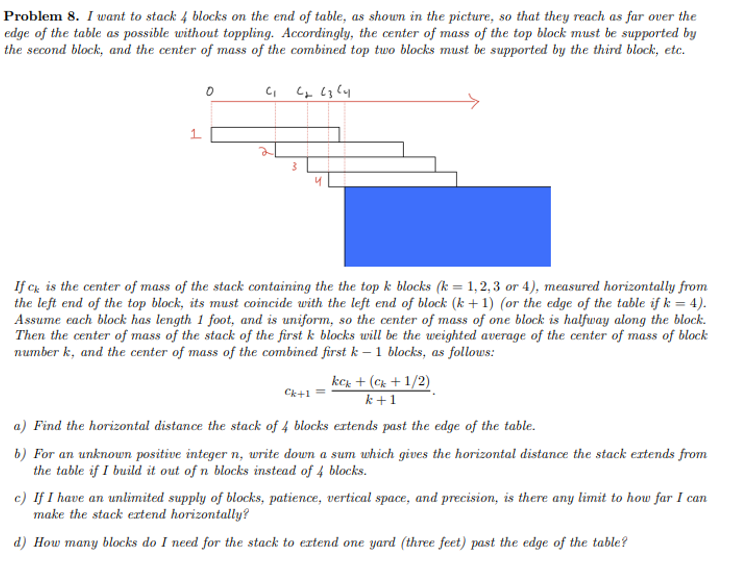 Solved Problem 8. ﻿I want to stack 4 ﻿blocks on the end of | Chegg.com
