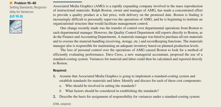 Solved Problem 10-40 Setting Standards; Responsi- Associated | Chegg.com