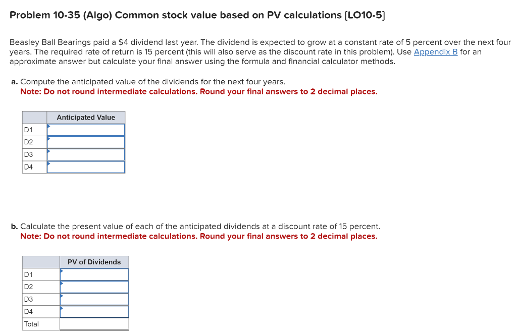 Solved Problem 10-35 (Algo) Common stock value based on PV | Chegg.com