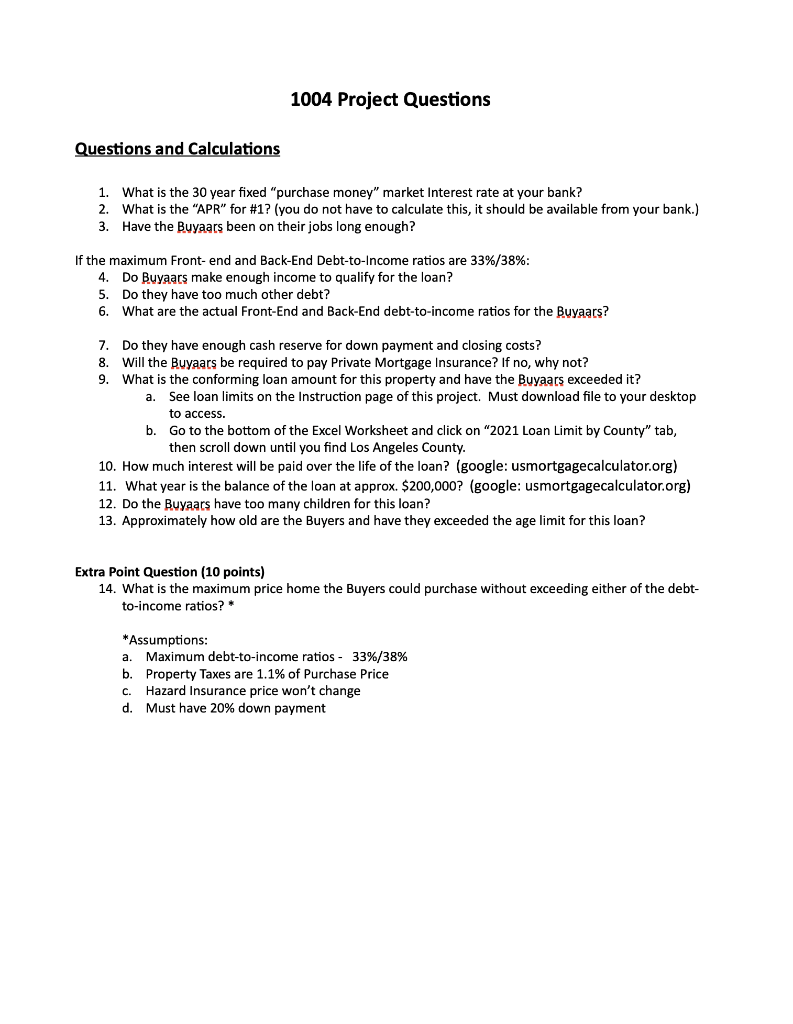 1004 Project Questions Questions and Calculations 1. | Chegg.com