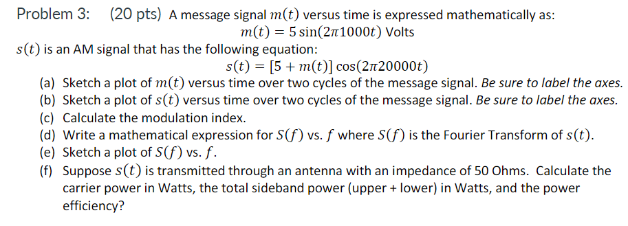 Solved Problem 3: (20 pts) A message signal m(t) versus time | Chegg.com