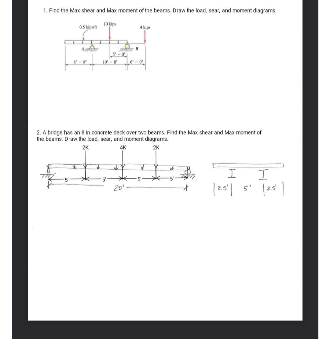 Solved 1. Find the Max shear and Max moment of the beams. | Chegg.com