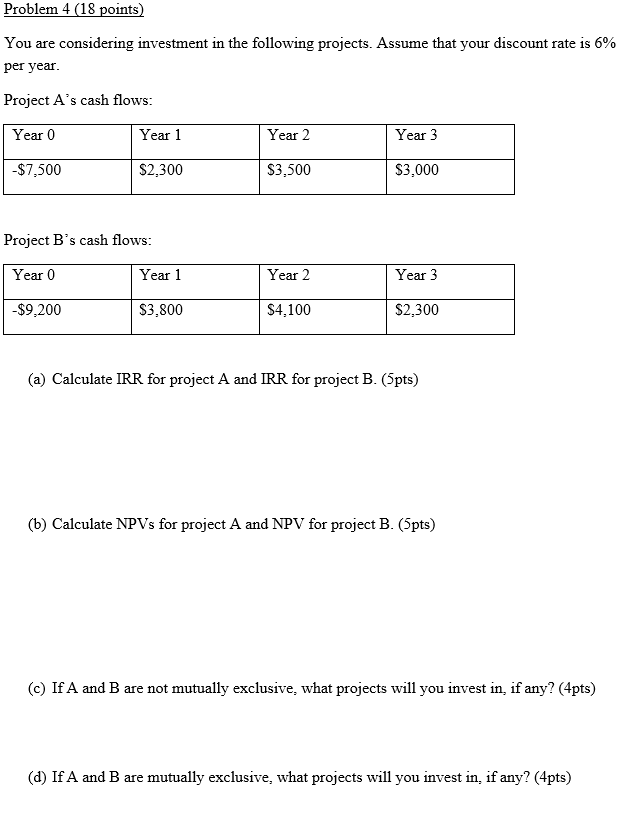 Solved Problem 4 (18 points) You are considering investment | Chegg.com