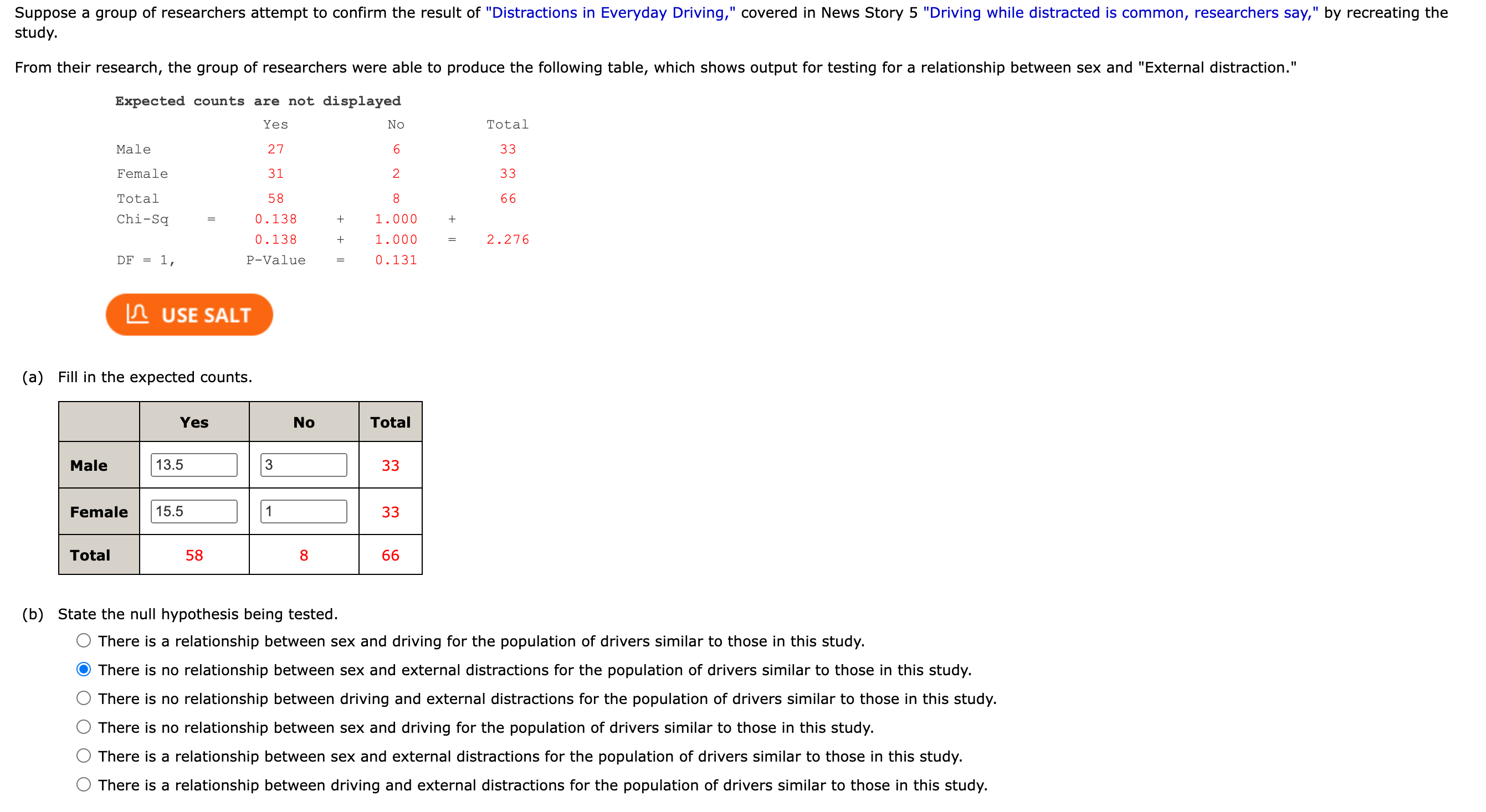 Solved study. (a) Fill in the expected counts. (b) State the | Chegg.com