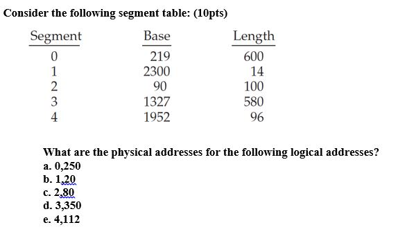 Solved Consider the following segment table: (10pts) Length | Chegg.com