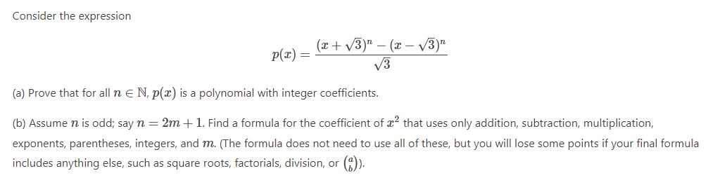 Solved Consider the expression p(x)=3(x+3)n−(x−3)n (a) Prove | Chegg.com