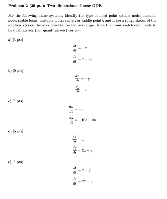 Solved Problem 2 (25 pts): Two-dimensional linear ODES For | Chegg.com