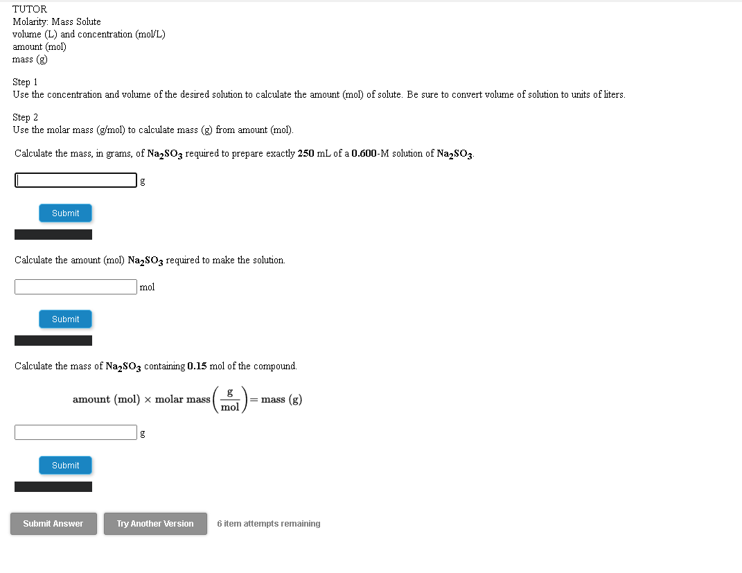Solved TUTOR Molarity: Mass Solute volume (L) and | Chegg.com