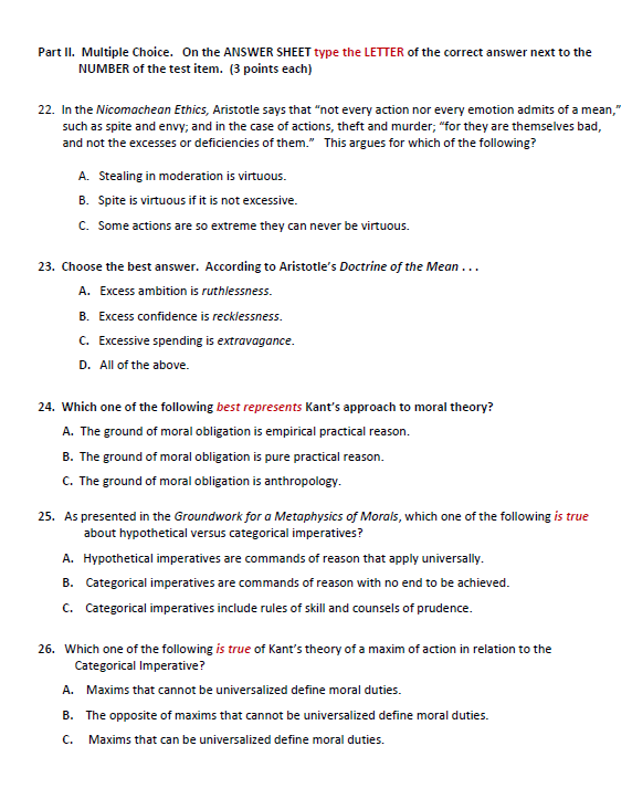 Solved Part II. Multiple Choice. On the ANSWER SHEET type | Chegg.com