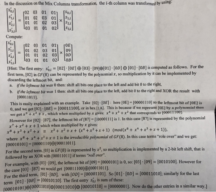 In the discussion on the Mix Columns transformation, | Chegg.com