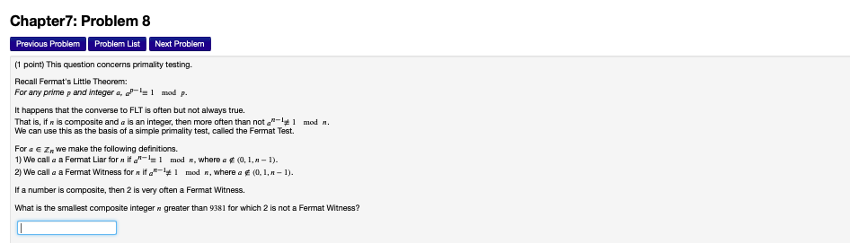 Solved (1 point) This question concerns primality testing. | Chegg.com