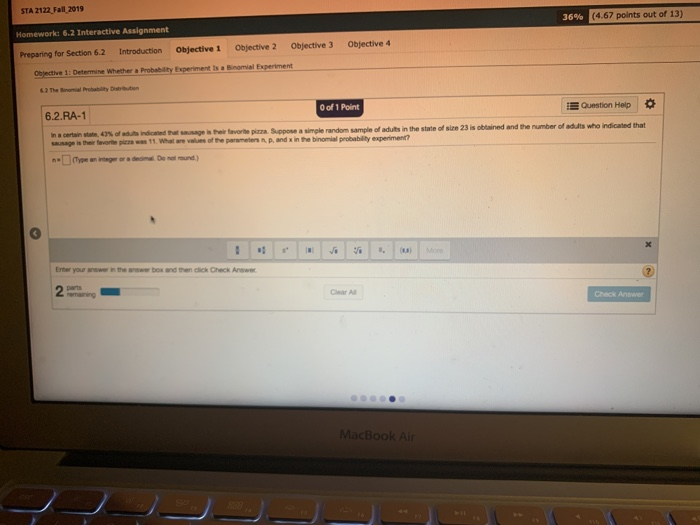 Solved STA 2122 Fall 2019 36% (4.67 points out of 13) | Chegg.com