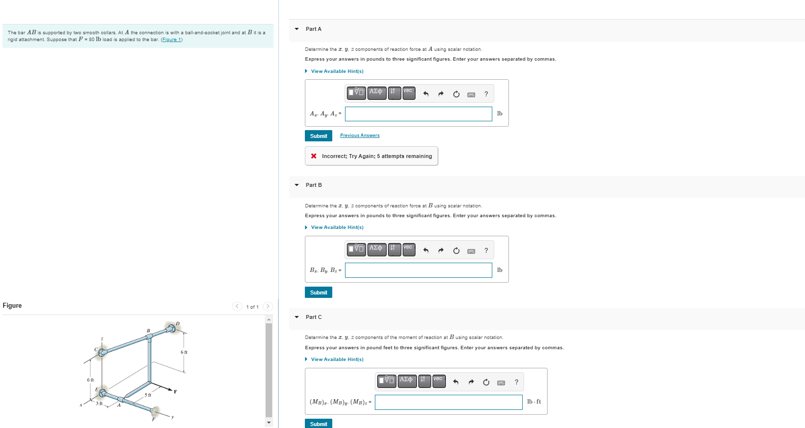 Solved The bar AB is supported by two smooth collars. At A | Chegg.com