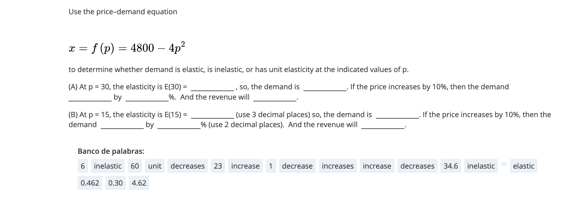 Solved Use the price-demand equation x=f(p)=4800-4p^(2) to | Chegg.com