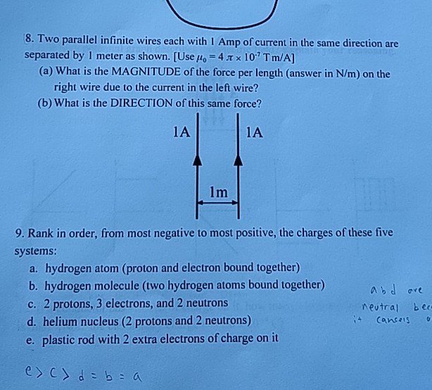Solved 8. Two parallel infinite wires each with I Amp of | Chegg.com